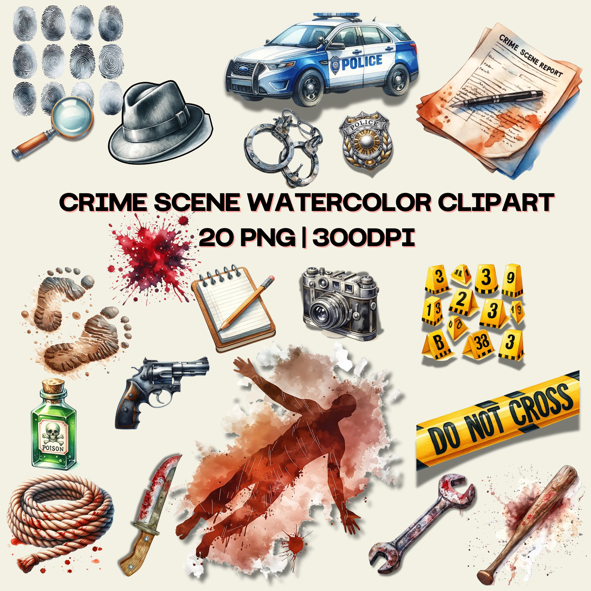 Crime Scene Watercolor Clipart Set | 20 PNG | Commercial Use ...