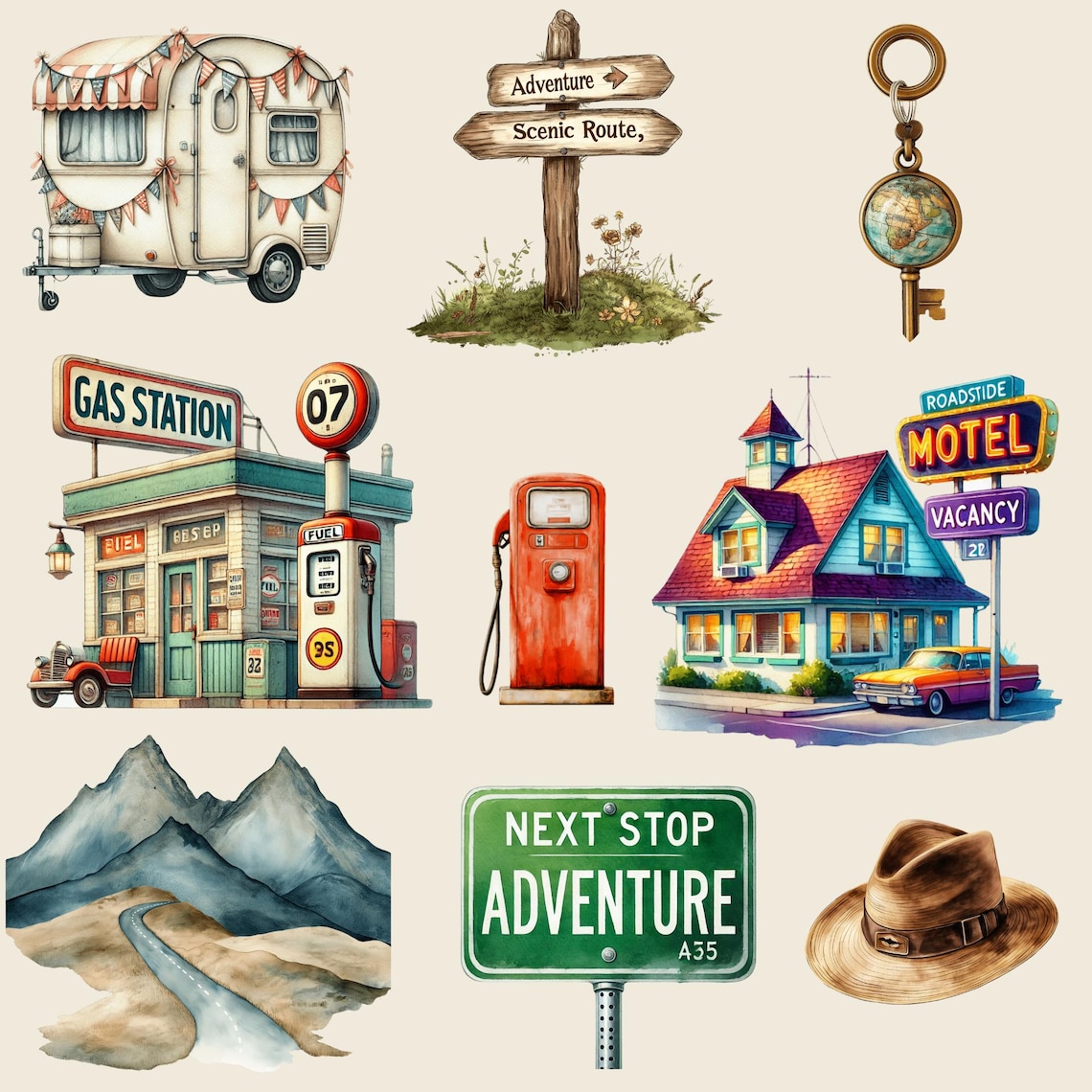 Road Trip Watercolor Clipart: Vintage Travel Illustrations (30 PNG) - Etsy