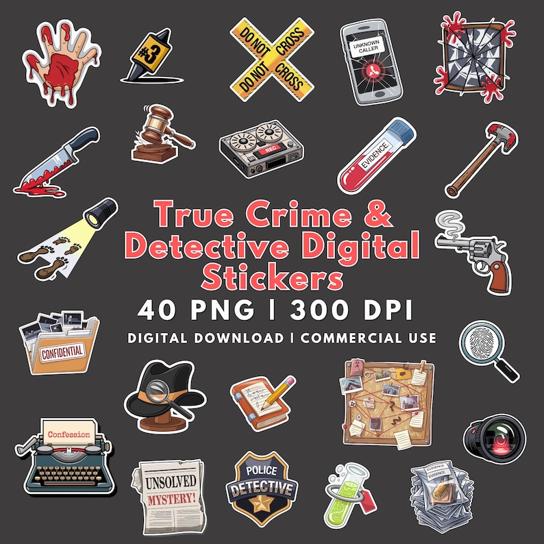 True Crime Detective Stickers: 40 PNG Clipart Designs (digital Download ...