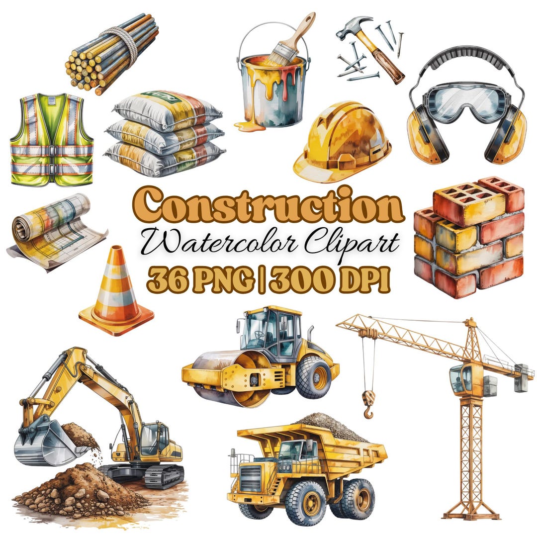 Watercolor Construction Clipart Bundle: Tools & Vehicles (digital ...