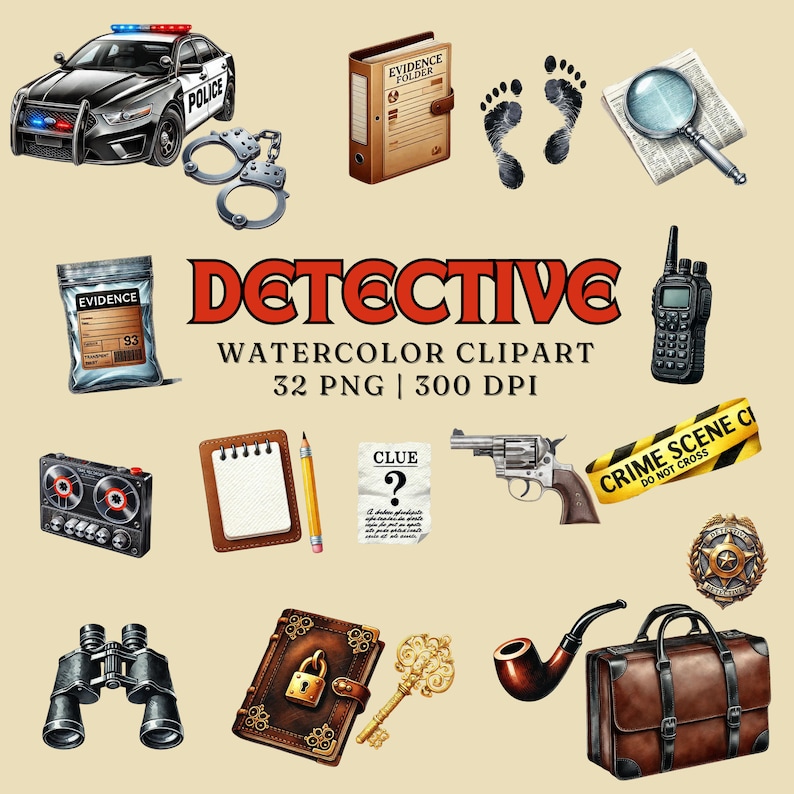 Detective Watercolor Clipart Set: Crime Scene Investigation (digital ...