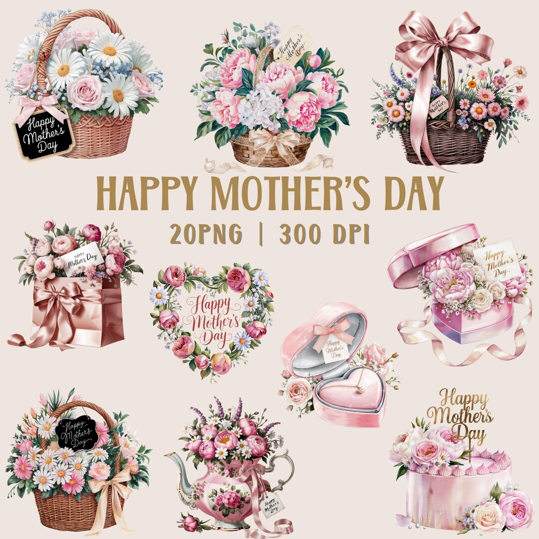 Mother's Day Floral Clipart Set, Watercolor Flower Basket PNG, Pink ...