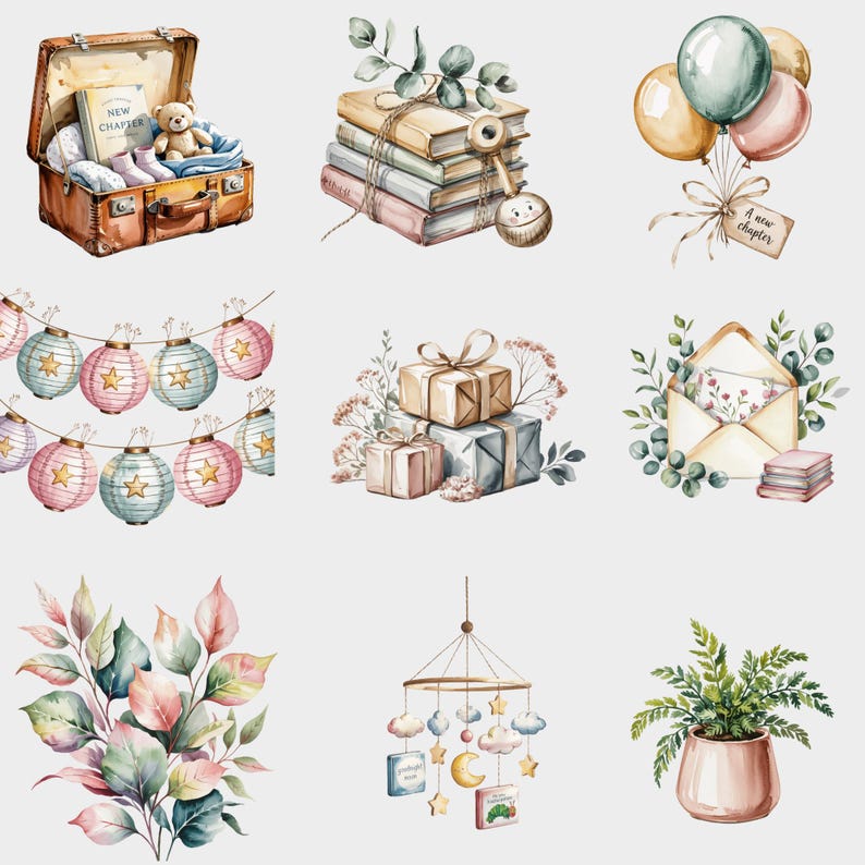 Baby Shower Watercolor Clipart Set: Pastel Nursery Art, Commercial Use ...