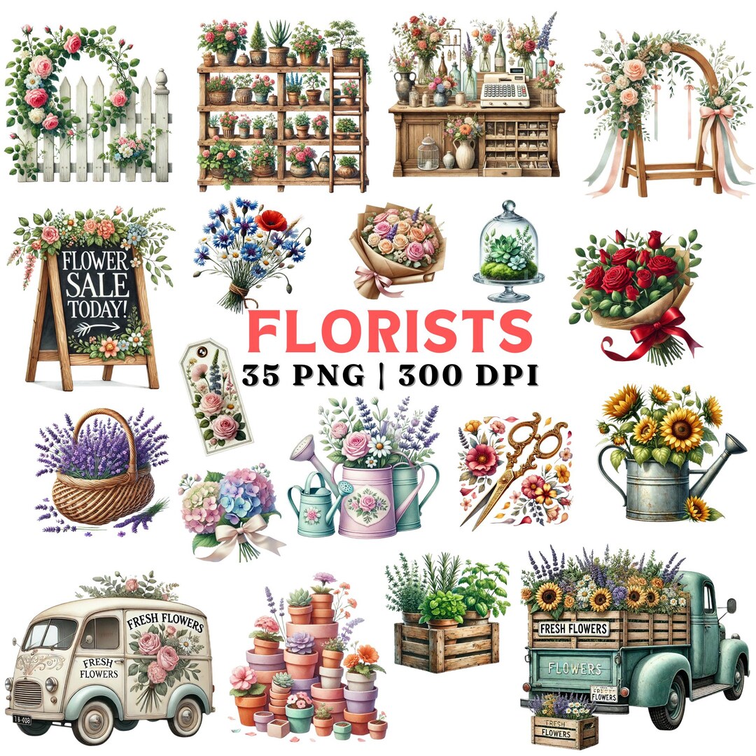 Florist Watercolor Clipart - 35 PNG Files,300 DPI |flower Shop & Garden ...