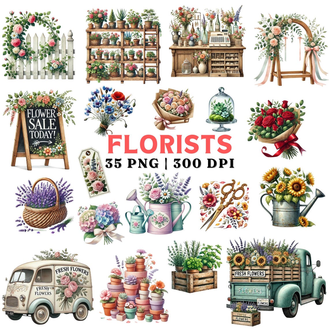 Watercolor Florist Clipart: Vintage Flower Shop Graphics (digital ...