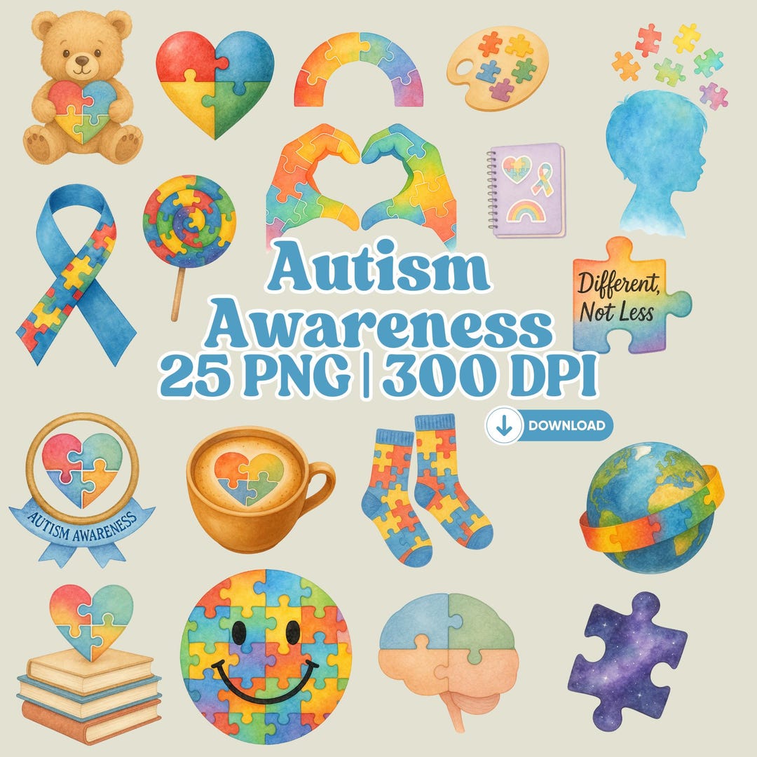 Autism Awareness Clipart Bundle | 25 PNG Puzzle Pieces | Watercolor ...