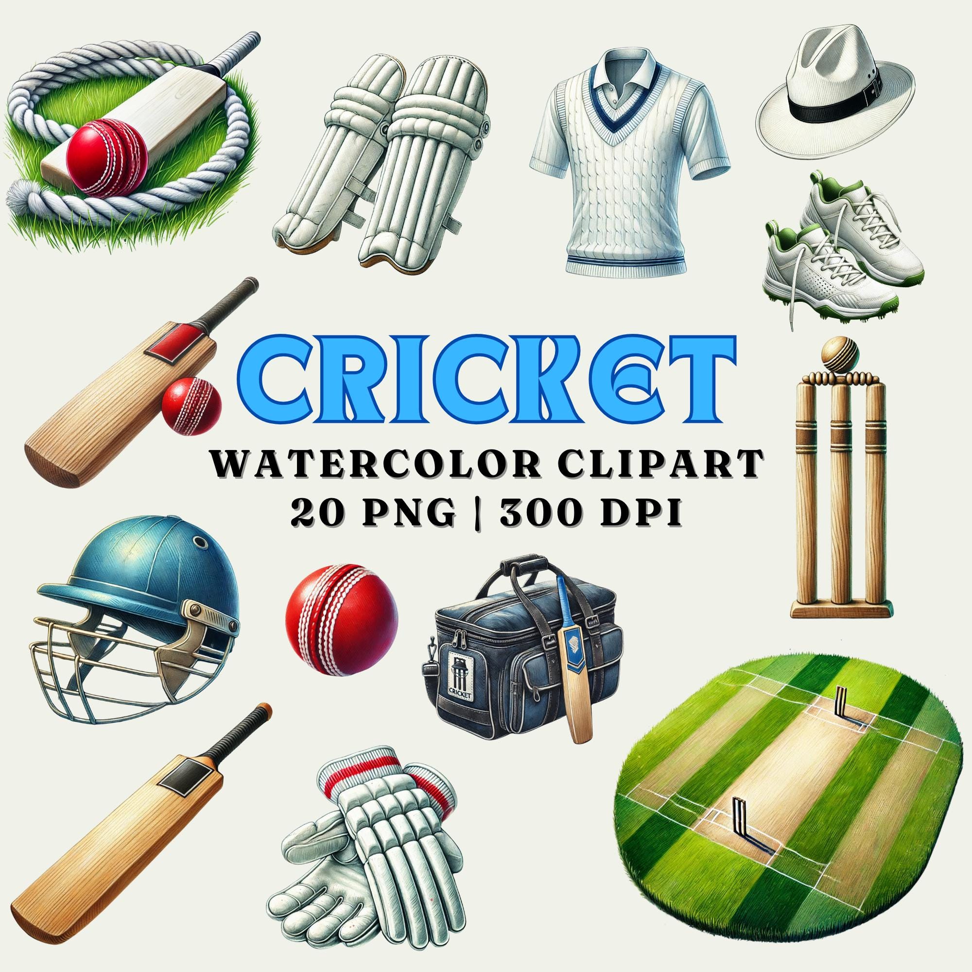 Cricket Watercolor Clipart Bundle – 20 PNG Files, 300 DPI, Cricket Bat ...