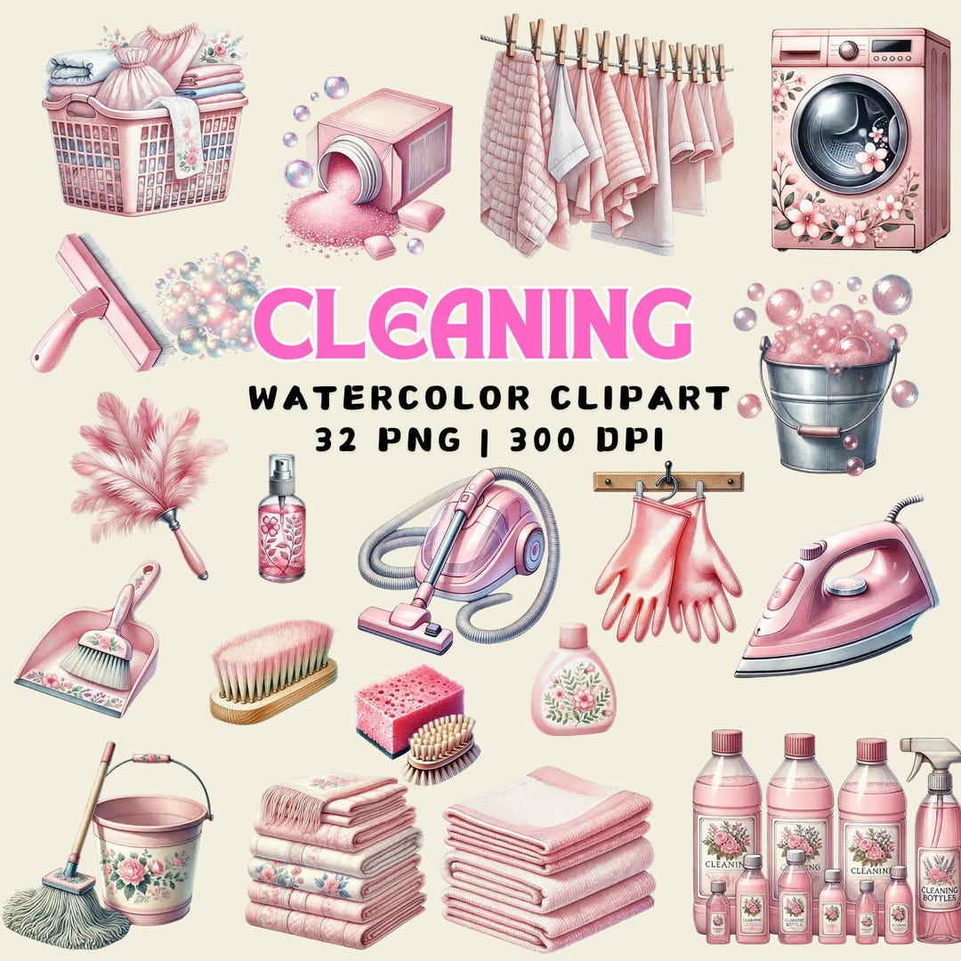 Pink Cleaning Watercolor Clipart: Vintage Pastel Supplies (32 PNG ...