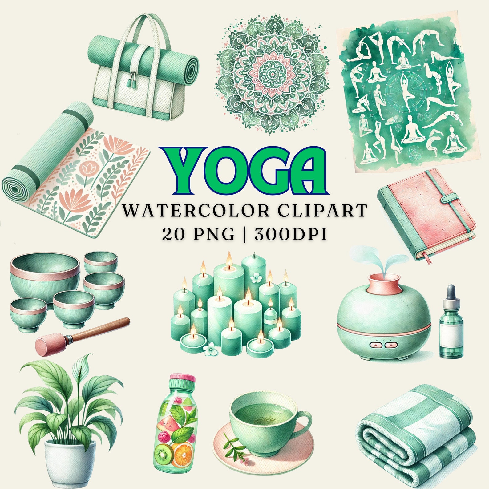 Yoga Watercolor Clipart Set | 20 PNG Images | Commercial Use | Yoga ...