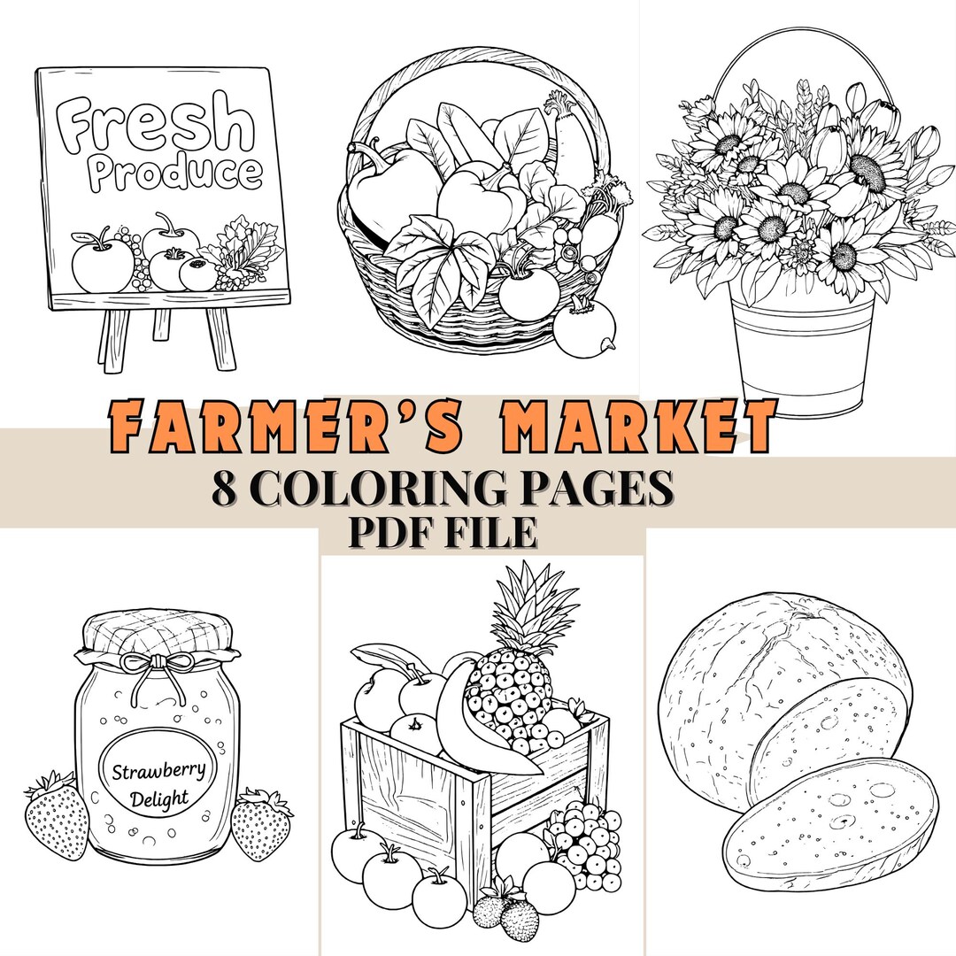 Farmer's Market Coloring Pages for Kids and Adults – 8 Printable PDF ...