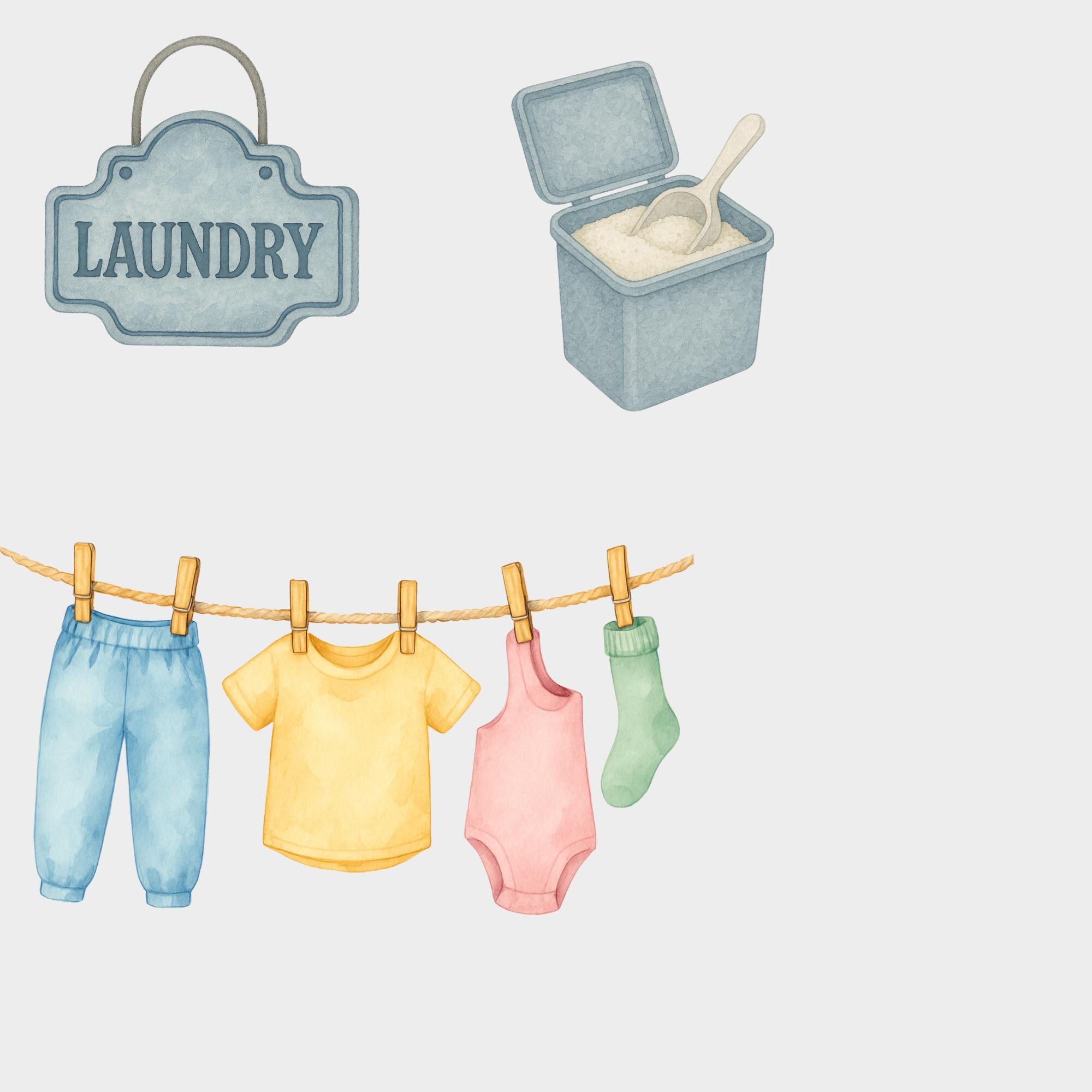 Laundry Day Watercolor Clipart: Vintage Laundry Room Graphics ...