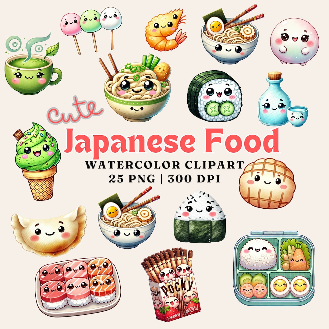 Kawaii, Cute Japanese Food Watercolor Clipart Set | 25 PNG Images ...