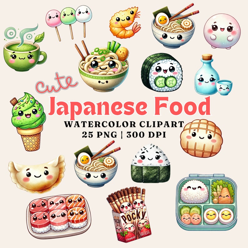 Kawaii, Cute Japanese Food Watercolor Clipart Set | 25 PNG Images ...