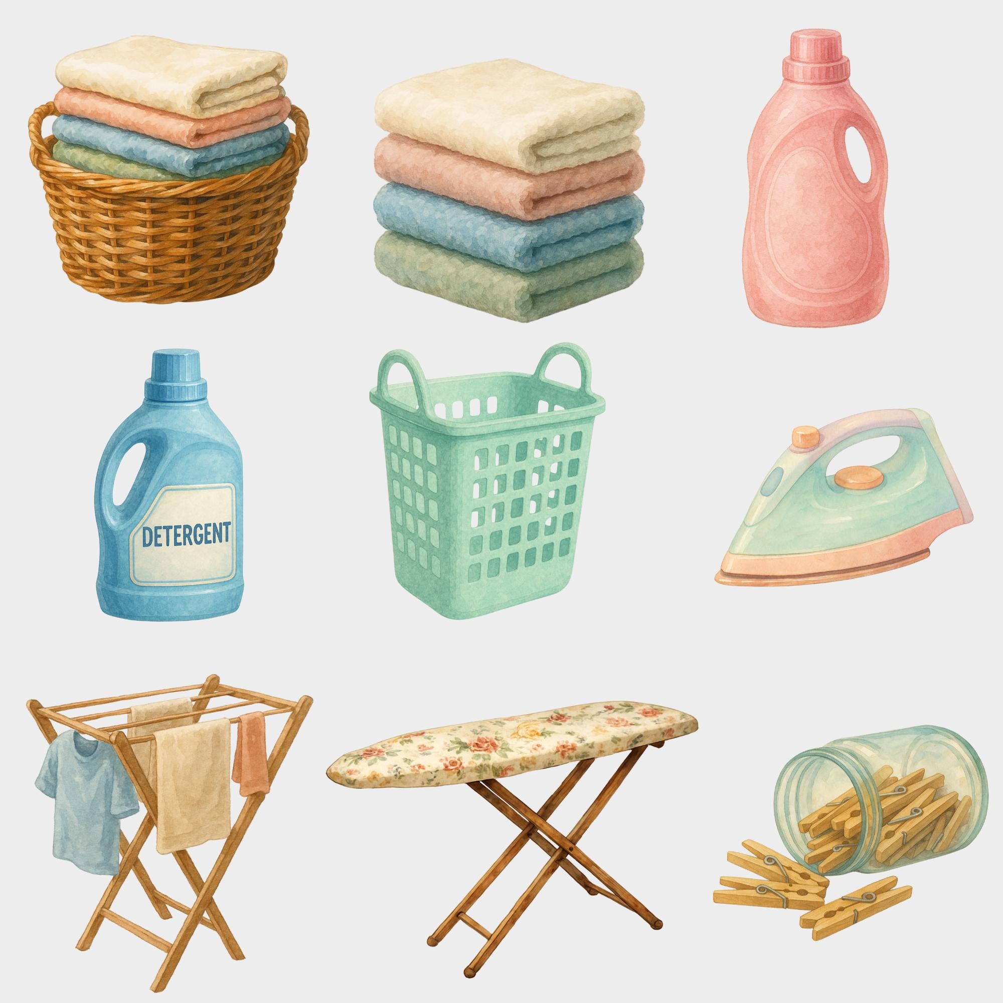 Laundry Day Watercolor Clipart: Vintage Laundry Room Graphics ...