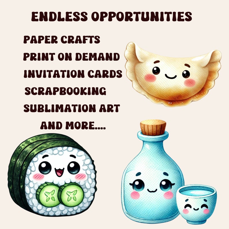 Kawaii Japanese Food Watercolor Clipart: Sushi, Ramen, Bento (25 PNG ...