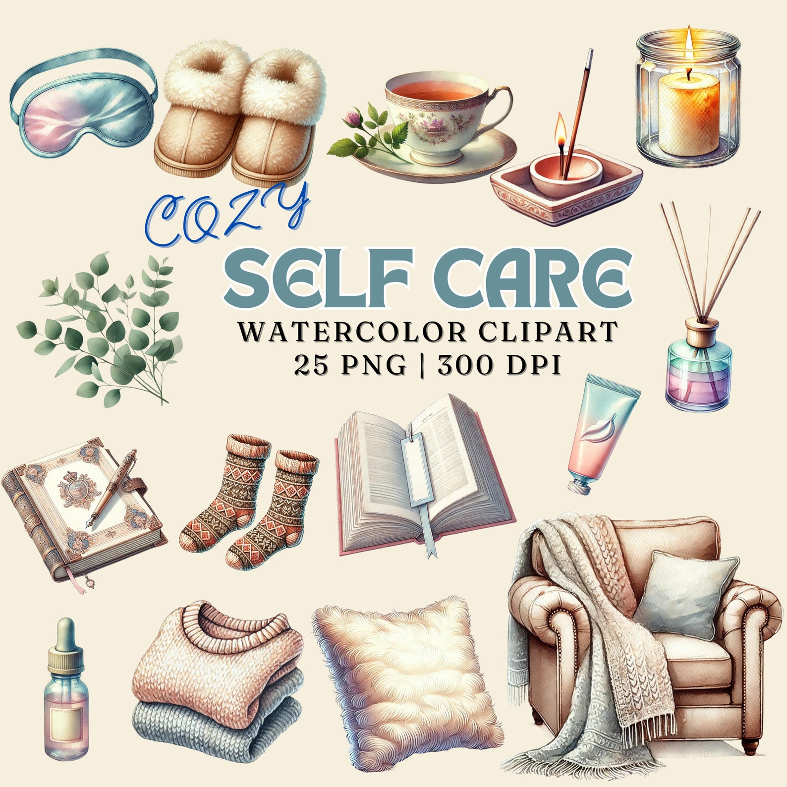 Cozy Self Care Watercolor Clipart Set | 25 PNG Images | Commercial Use ...