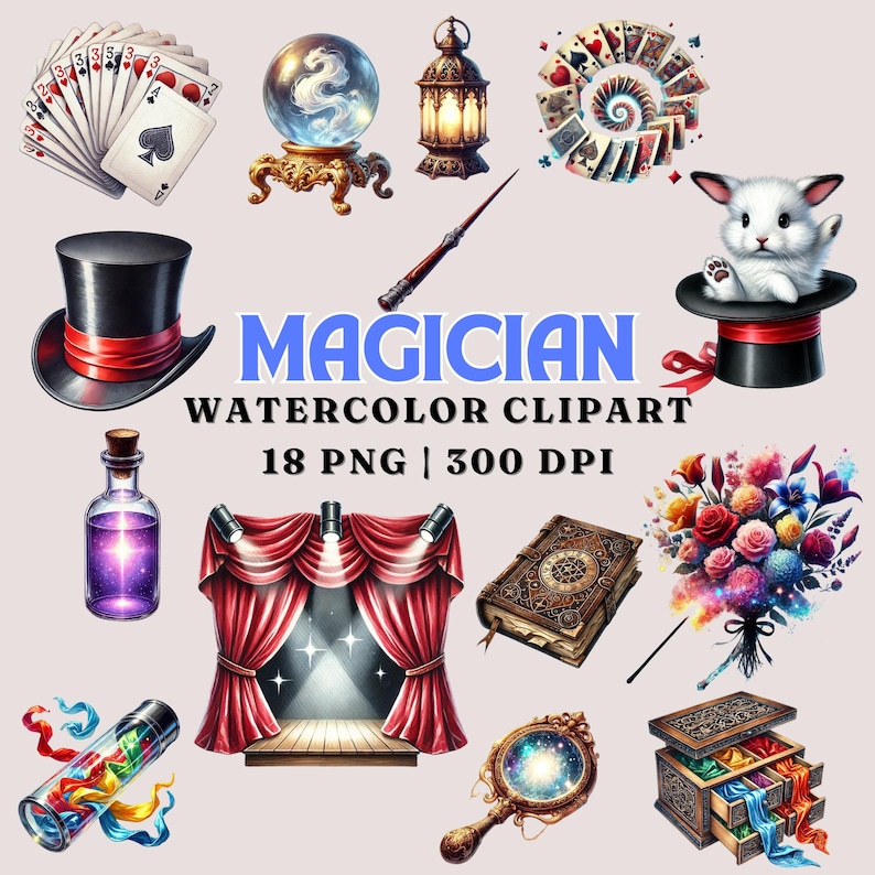 Magician Watercolor Clipart - 18 PNG Files, High-quality 300 Dpi,magic ...