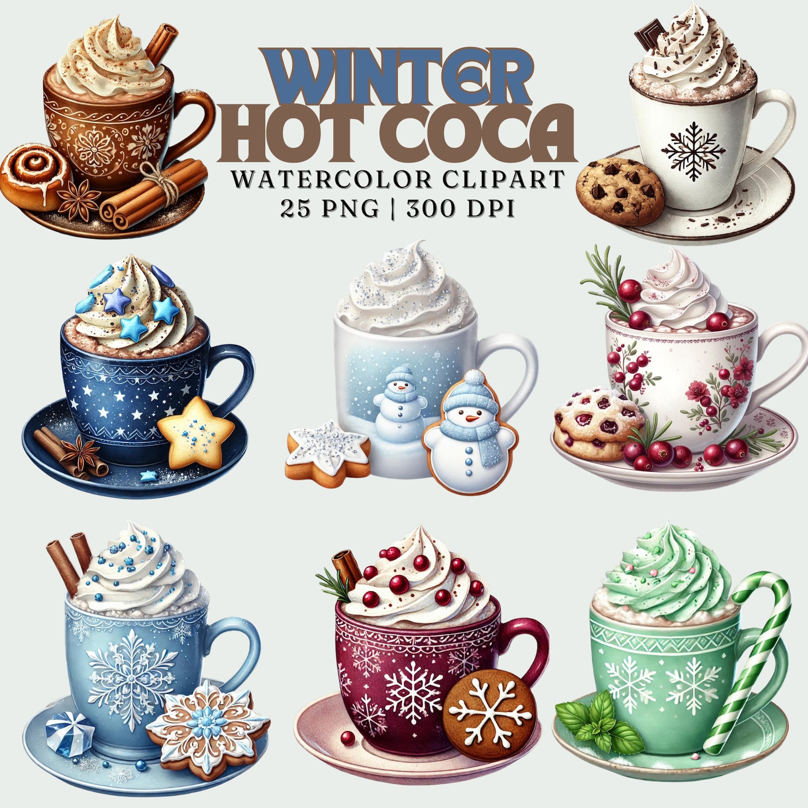 Winter Hot Cocoa Watercolor Clipart Set | Commercial Use | 25 Festive ...