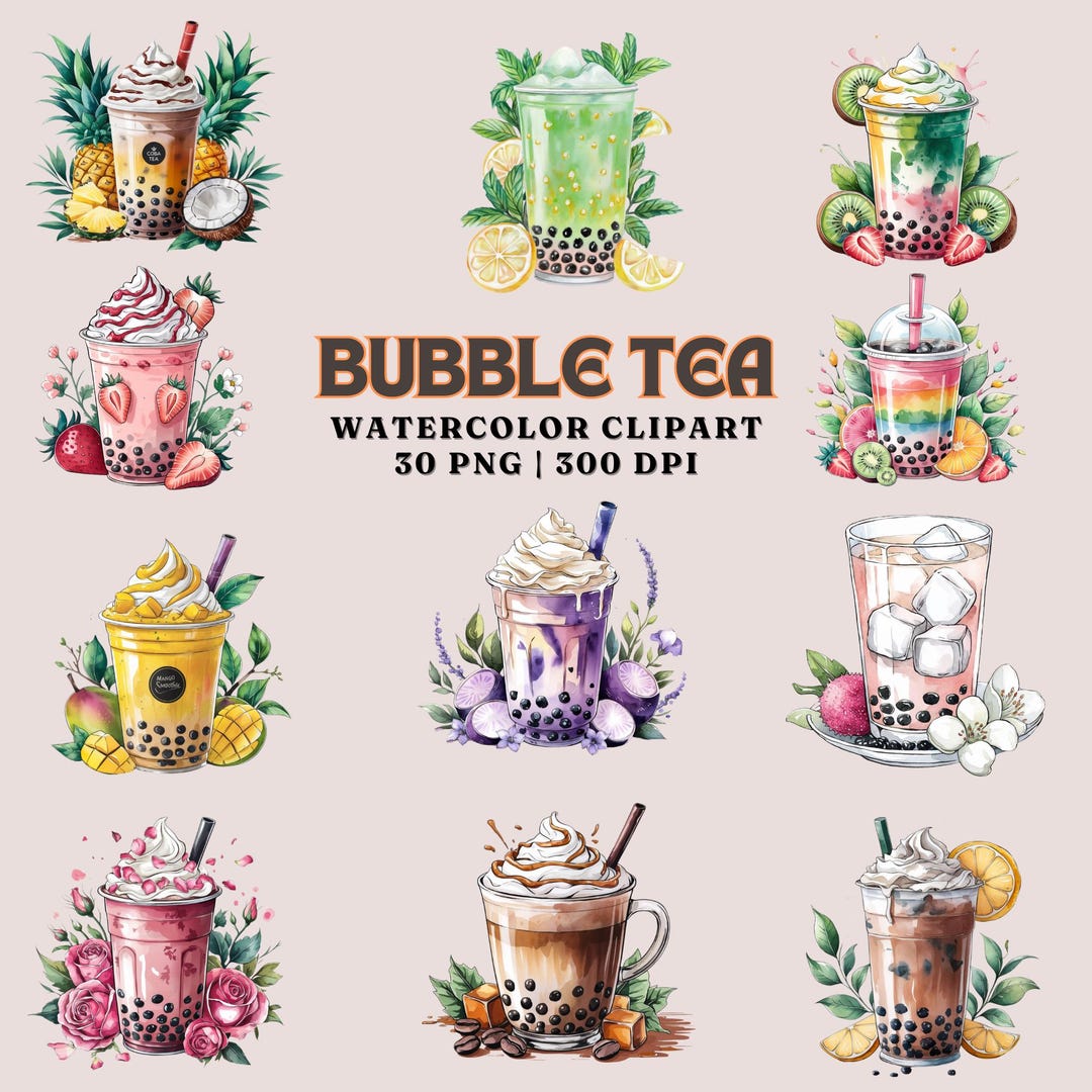 Watercolor Bubble Tea Clipart, 30 PNG, 300 DPI, Boba Tea Drink, Fruit ...