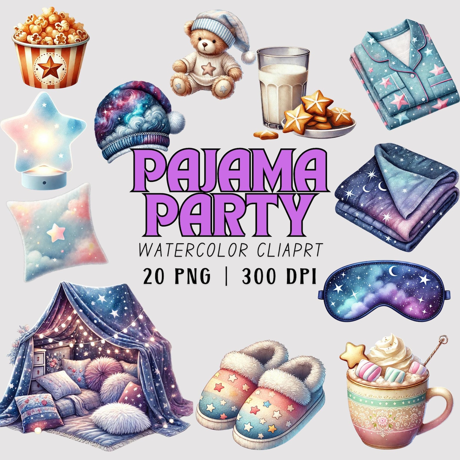 Pajama Party Watercolor Clipart | 20 Pngs | 300 DPI | Commercial Use ...