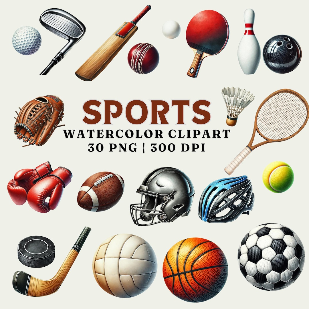 Sports Watercolor Clipart - 30 PNG Files, High-resolution 300 DPI ...