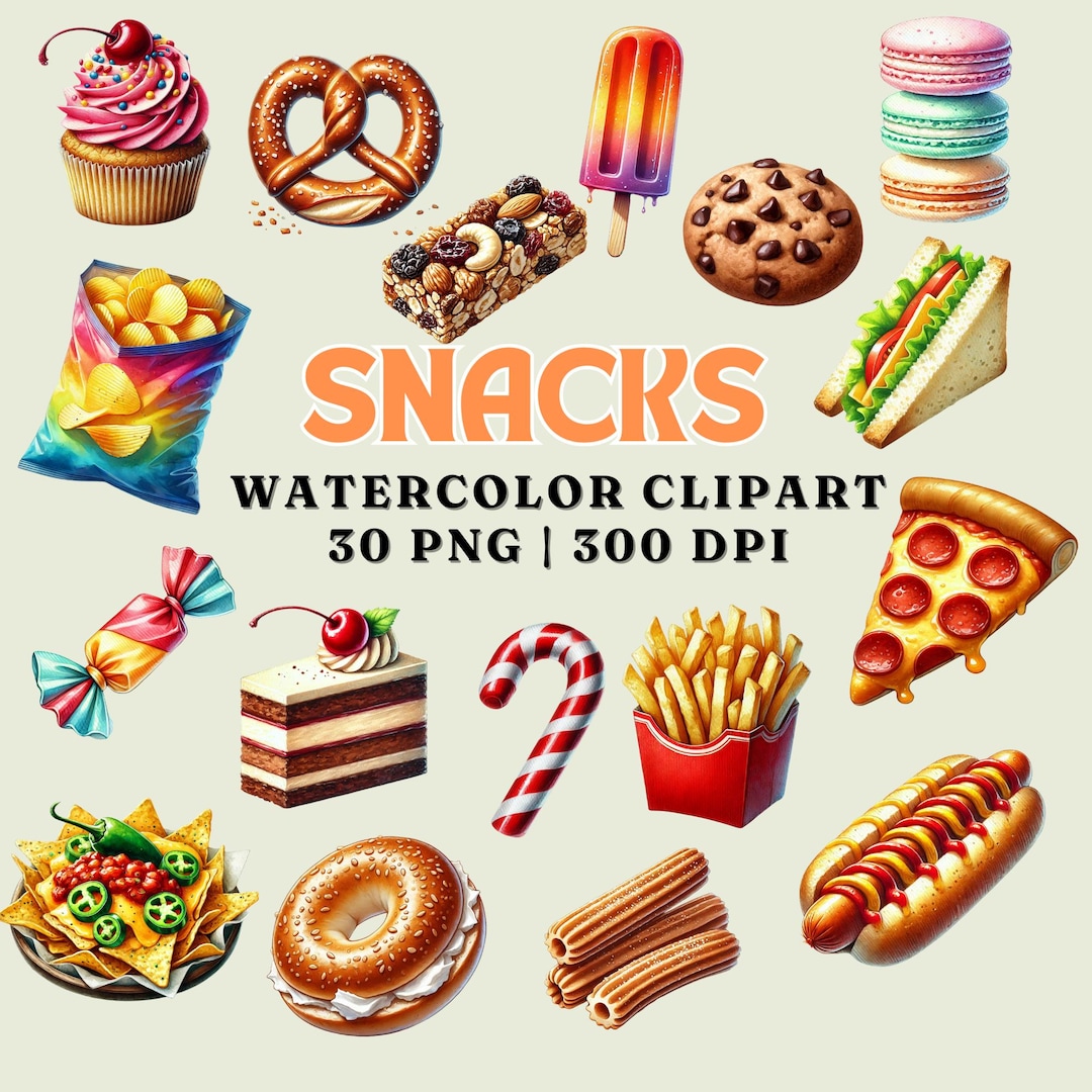 Watercolor Snacks Clipart Bundle: 30 PNG Food Illustrations (commercial ...