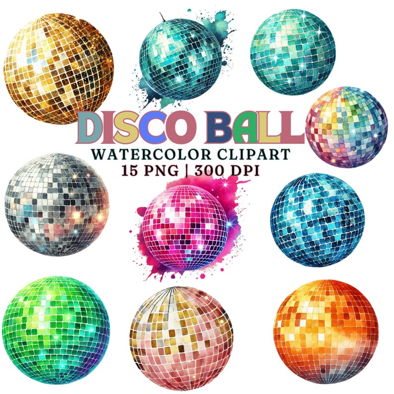 Disco Ball Watercolor Clipart Set | 15 PNG Images | Commercial Use ...