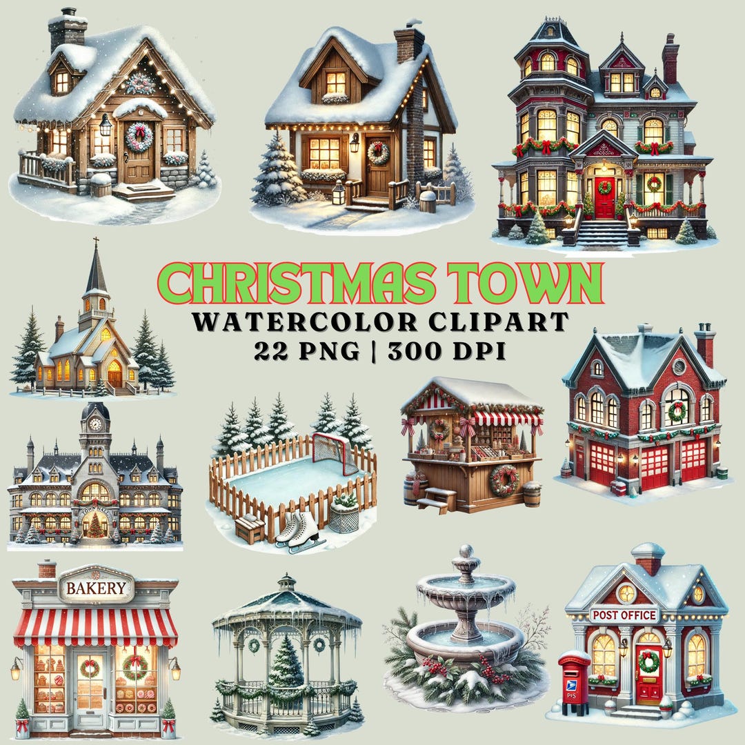 Christmas Town Watercolor Clipart - 22 Pngs, 300 DPI | Festive Holiday ...