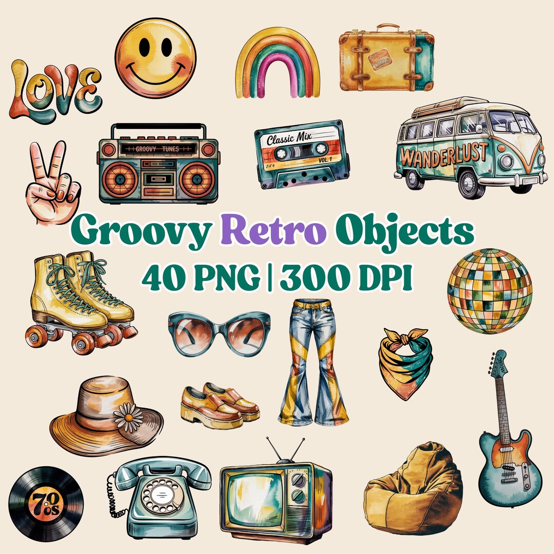 Retro 70s Clipart Bundle: Groovy Hippie PNG Images, Commercial Use - Etsy
