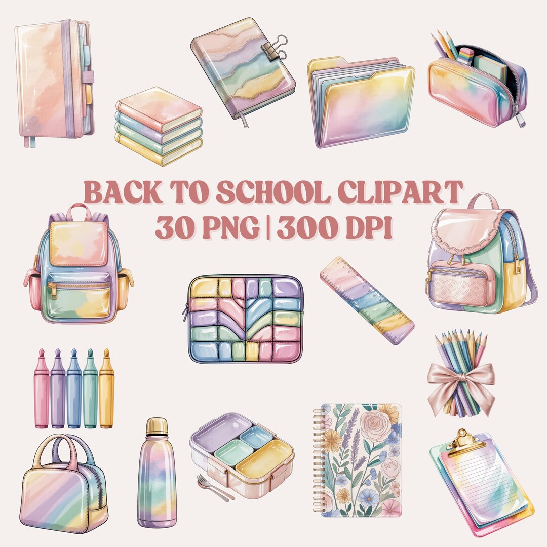 Pastel School Supplies Clipart Bundle: 30 PNG Graphics (commercial Use ...