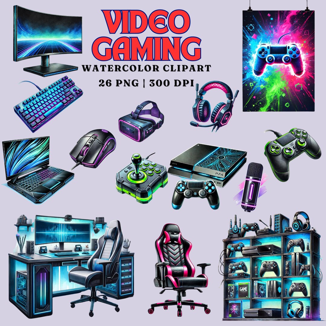 Watercolor Video Gaming Clipart Set: 26 PNG Images (digital Download ...