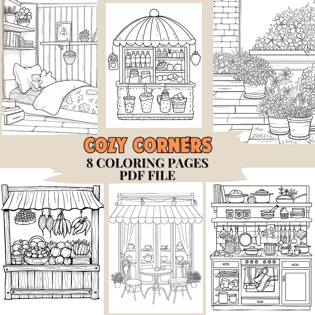 Cozy Corners Coloring Pages Set – 8 Printable PDF Coloring Sheets for ...