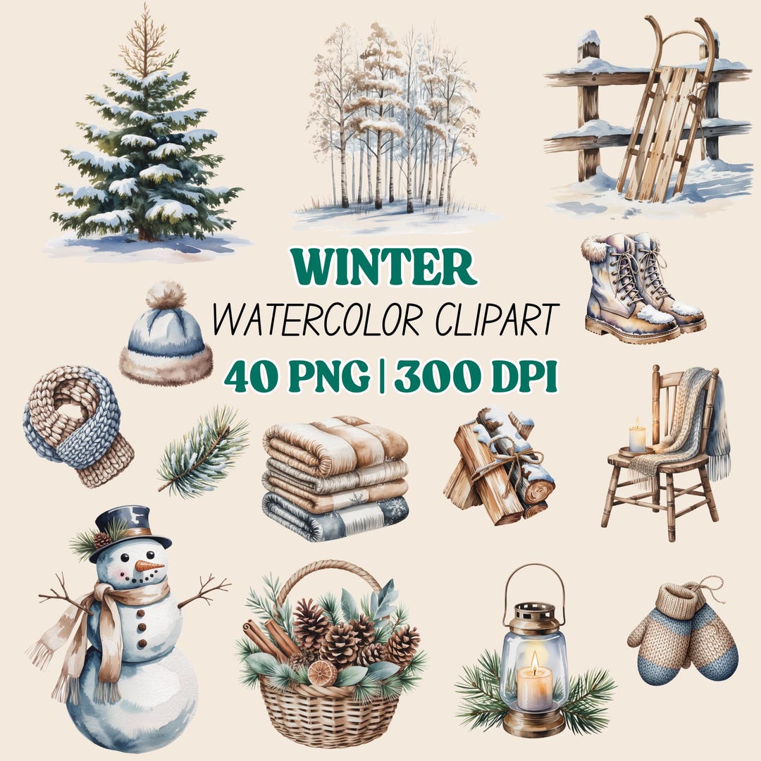 Winter Watercolor Clipart Bundle | Neutral Hygge PNG (commercial Use ...