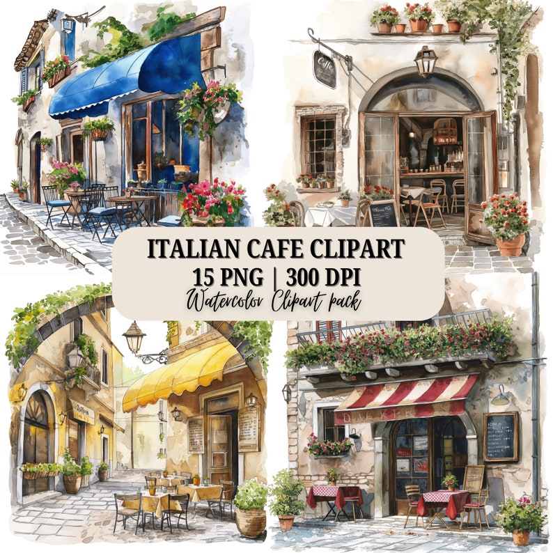 Italian Cafe Watercolor Clipart Set | 15 PNG Images | Commercial Use ...