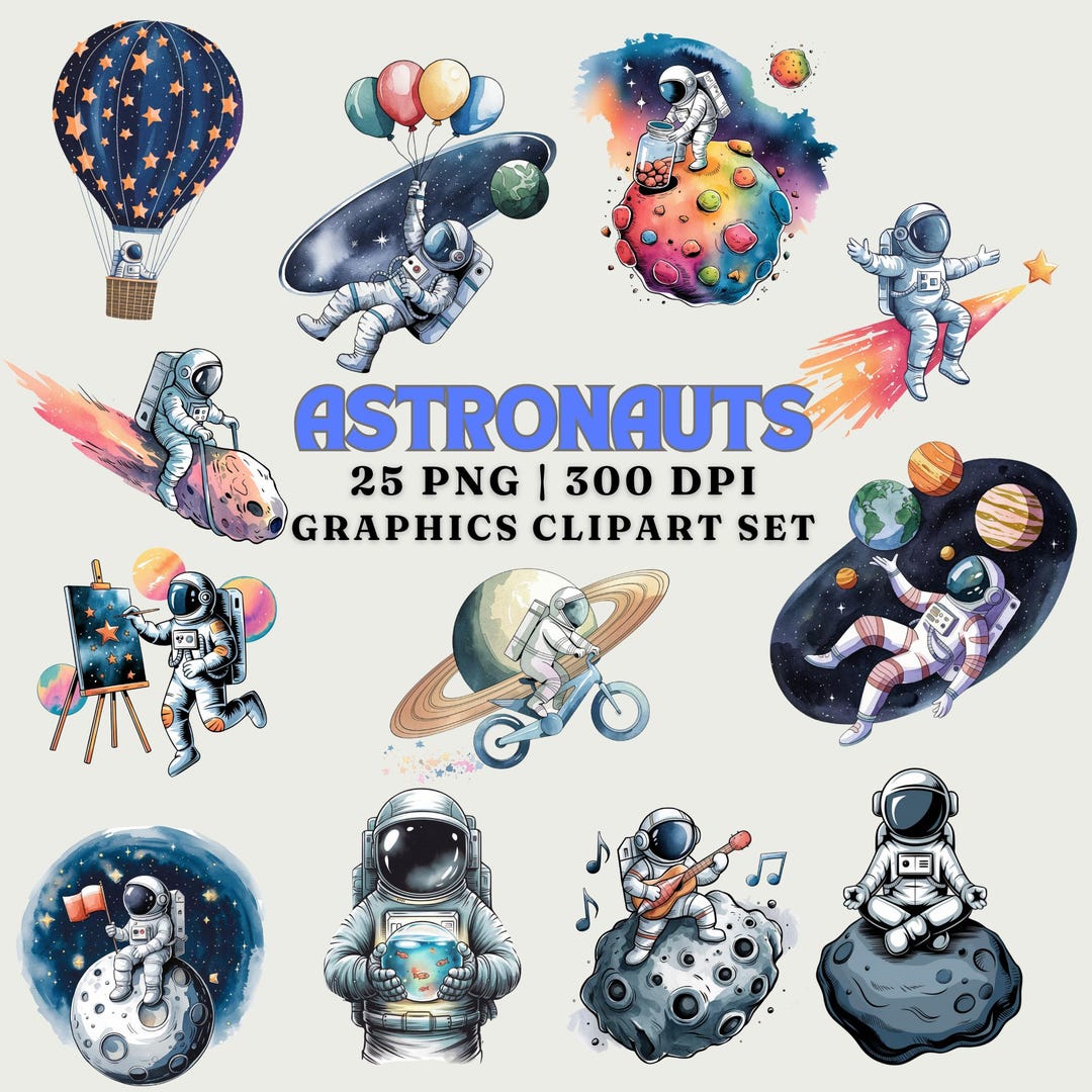 Astronauts Clipart Bundle, 25 PNG Files, Space Exploration Graphics Set ...