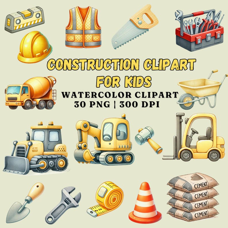 Watercolor Construction Clipart: Kids' Tools & Vehicles (digital ...