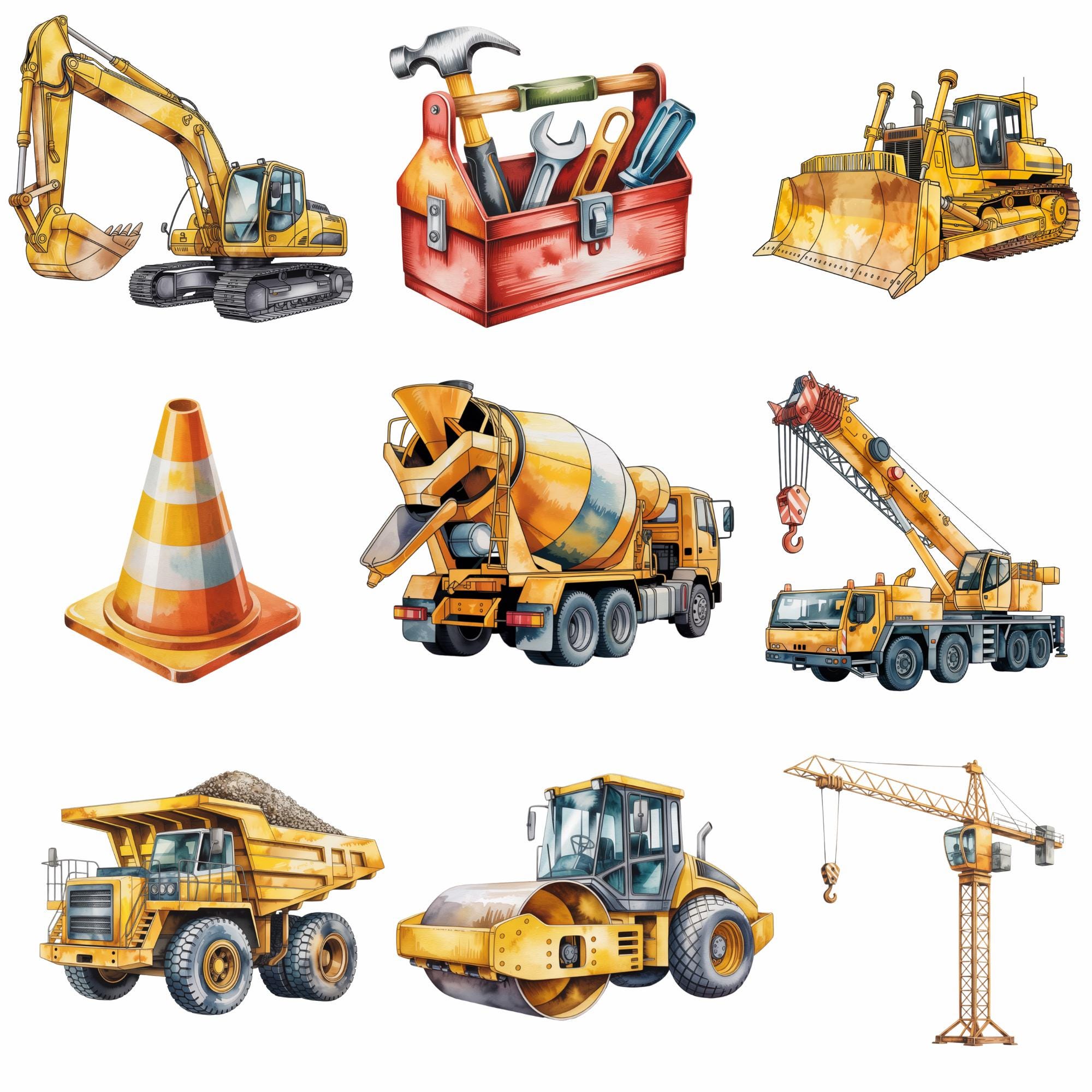 Watercolor Construction Clipart Bundle: Tools & Vehicles (digital ...