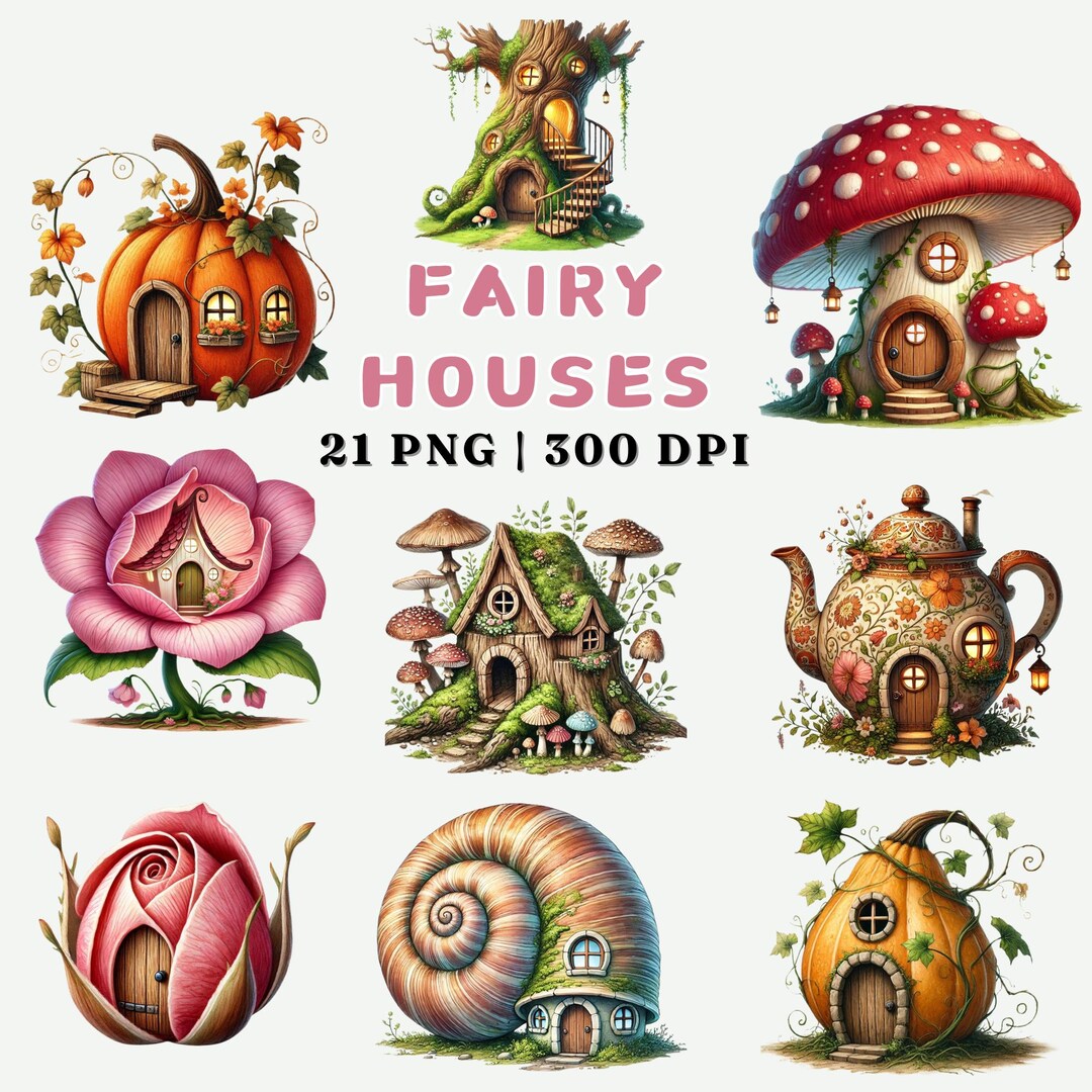 Fairy Houses Clipart Bundle, 21 PNG, Whimsical Cottage Art, 300 DPI ...