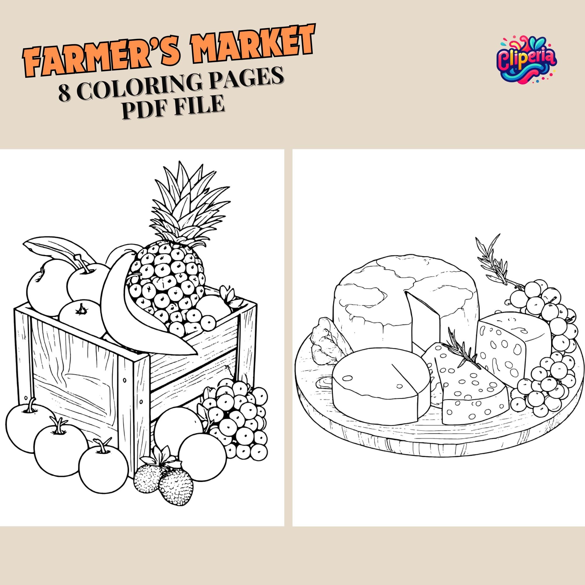 Farmer's Market Coloring Pages: Fruits, Vegetables, Flowers (8 ...
