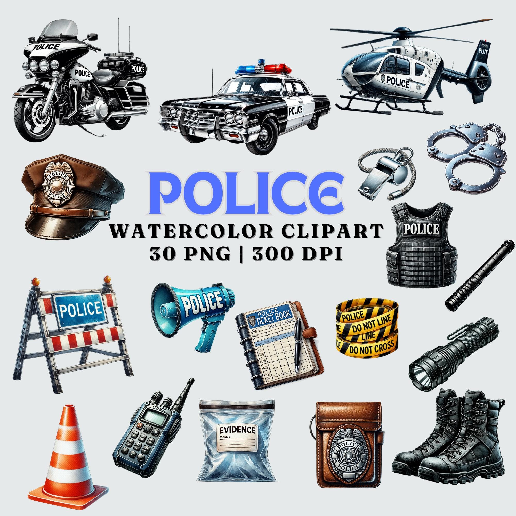 Police Watercolor Clipart Set: 30 PNG, Police Cars & Tools (digital ...