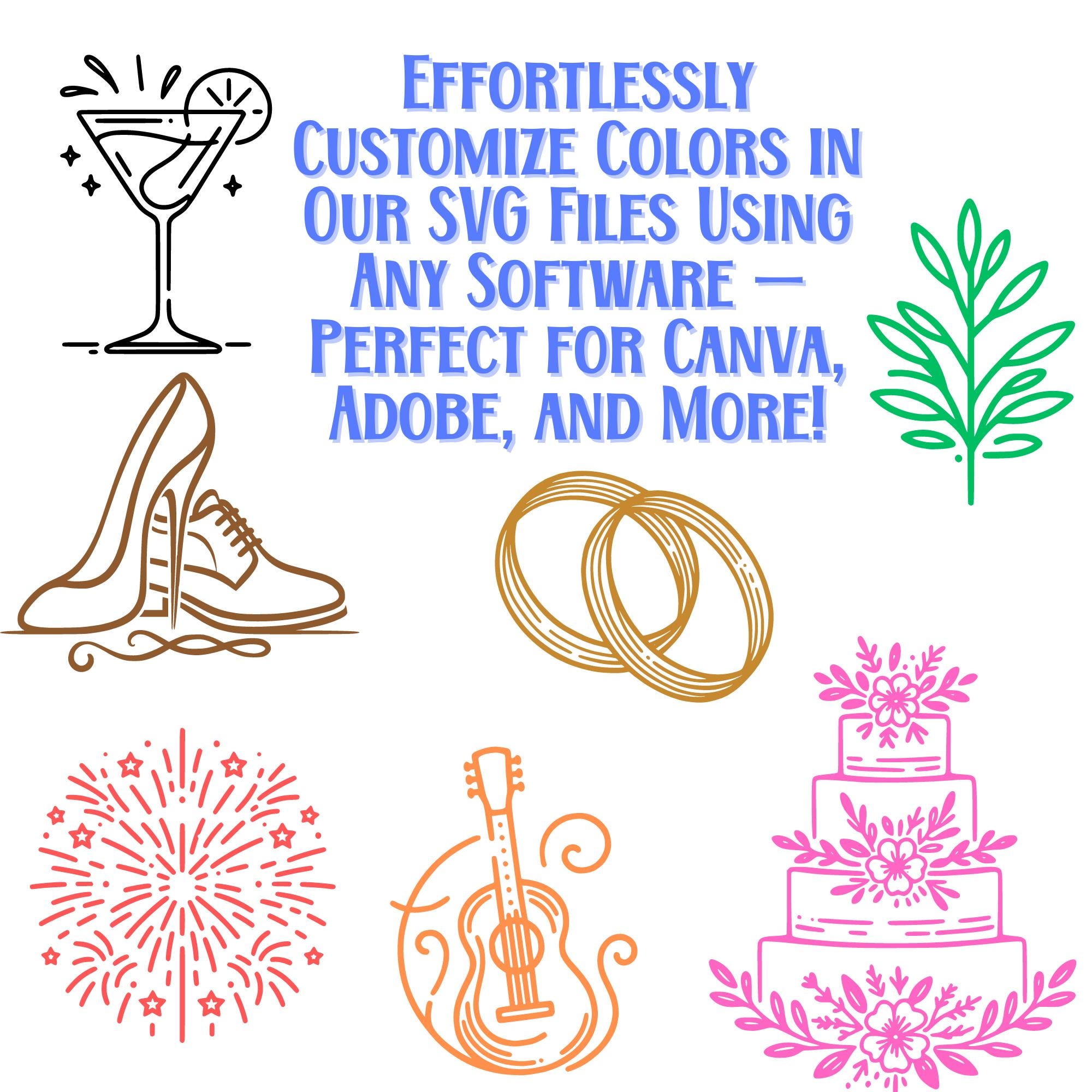 Wedding Icons Line Art SVG & PNG Clipart Set 30 Digital Images, Bridal ...