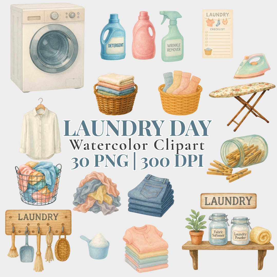 Laundry Day Watercolor Clipart: Vintage Laundry Room Graphics ...