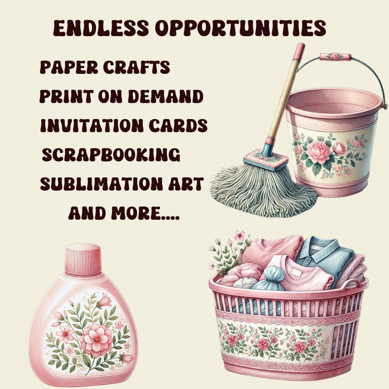 Pink Cleaning Watercolor Clipart: Vintage Pastel Supplies (32 PNG ...
