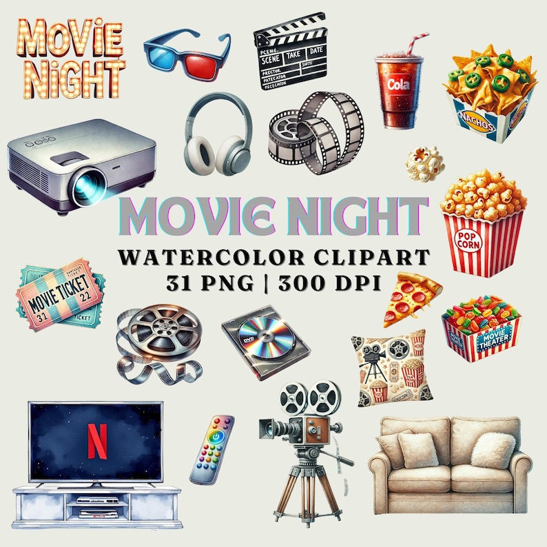 Movie Night Watercolor Clipart: Cinema Graphics (31 Pngs) (instant ...