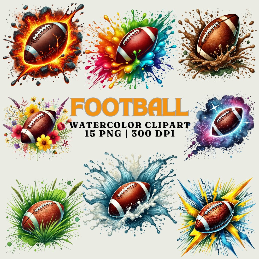 Football Watercolor Clipart, 15 Pngs, 300 DPI, Sports Ball Art Elements ...