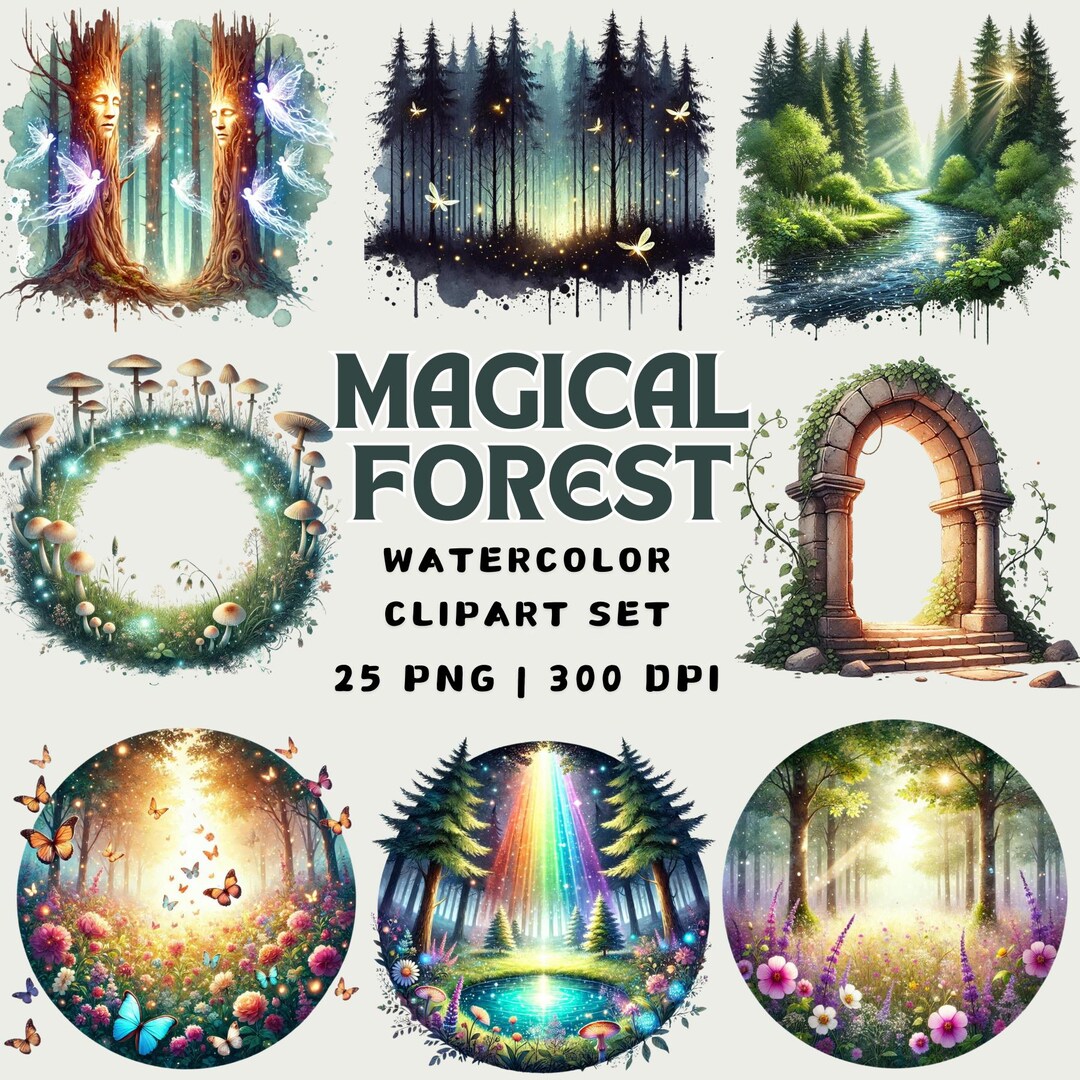 Magical Forest Watercolor Clipart Set: Fairy Woodland Art (25 PNG ...