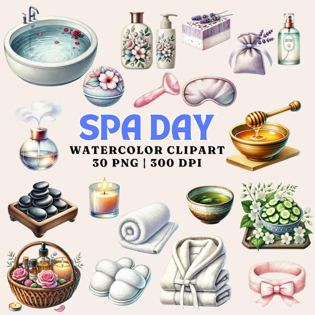 Spa Day Watercolor Clipart Bundle–30 PNG Files, 300 DPI, Relaxation Spa ...