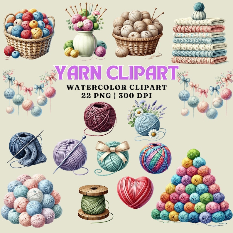 Watercolor Yarn Clipart, 22 PNG Files, 300 DPI, Knitting Crochet ...