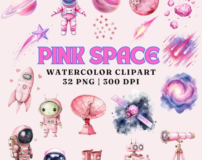 Astronaut Clipart Bundle, Watercolor PNG Girls Pink Digital Download ...