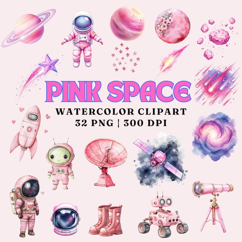 Pink Space Watercolor Clipart Set, 32 PNG High-resolution 300 DPI, Cute ...